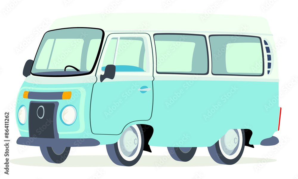 Caricatura furgoneta T2 microbus brasilera azul y blanca vista frontal ...