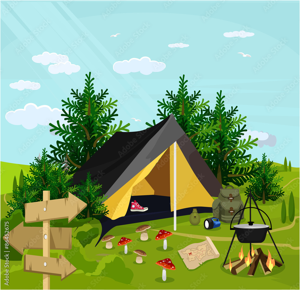 Vector camp flat cartoon illustration Stock Vector | Adobe Stock