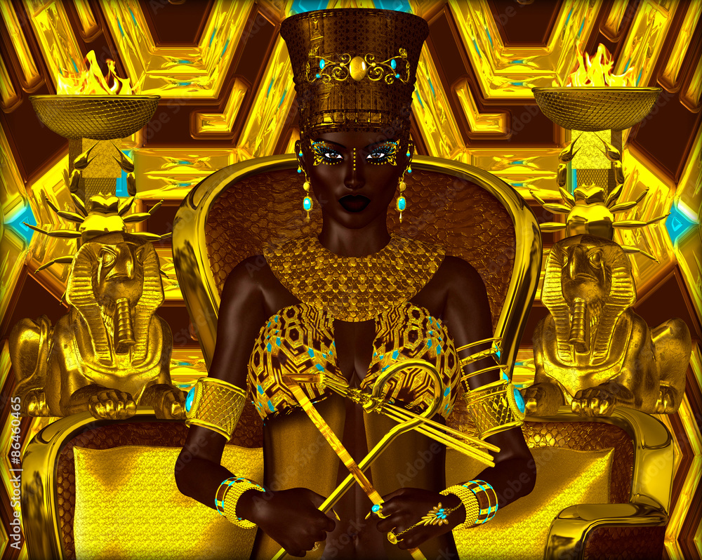 Nubian Princess. Seated on a gold chair with the crook and flail in her ...