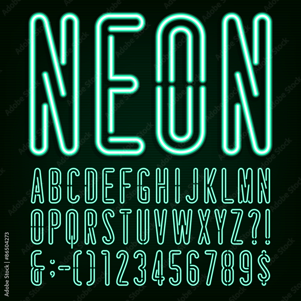 Neon Green Light Alphabet Vector Font. Narrow type letters, numbers and ...