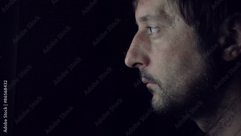 Hypnotized Adult Caucasian Man Watching TV Program in Dark Room Late at ...