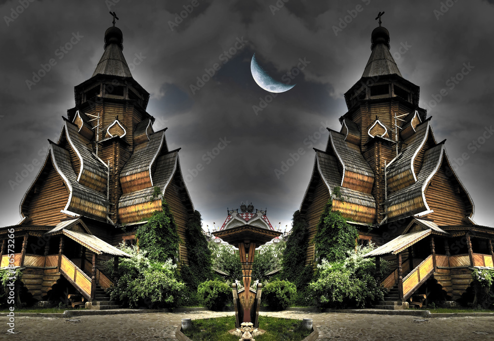 Dark fantasy haunted church abandoned witch house halloween landscape ...