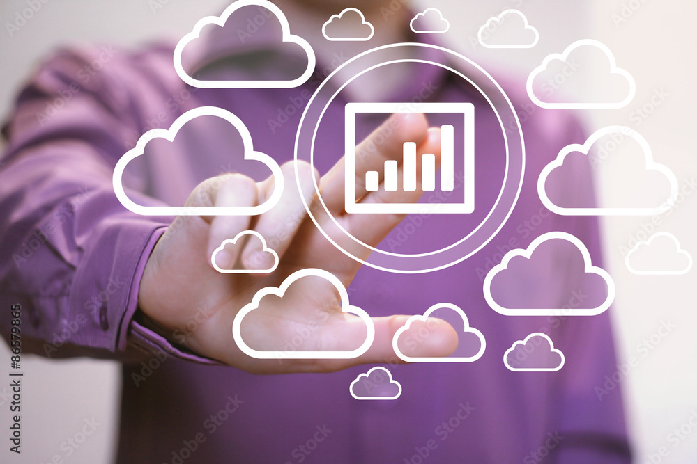 Businessman push button chart web diagram cloud network Stock Photo ...