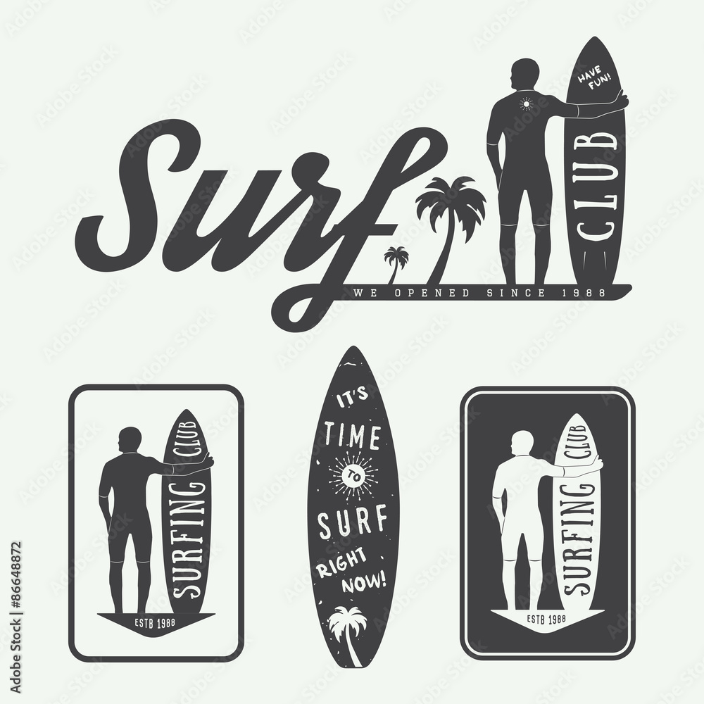 Set of surfing logos, labels, badges and elements in vintage style ...