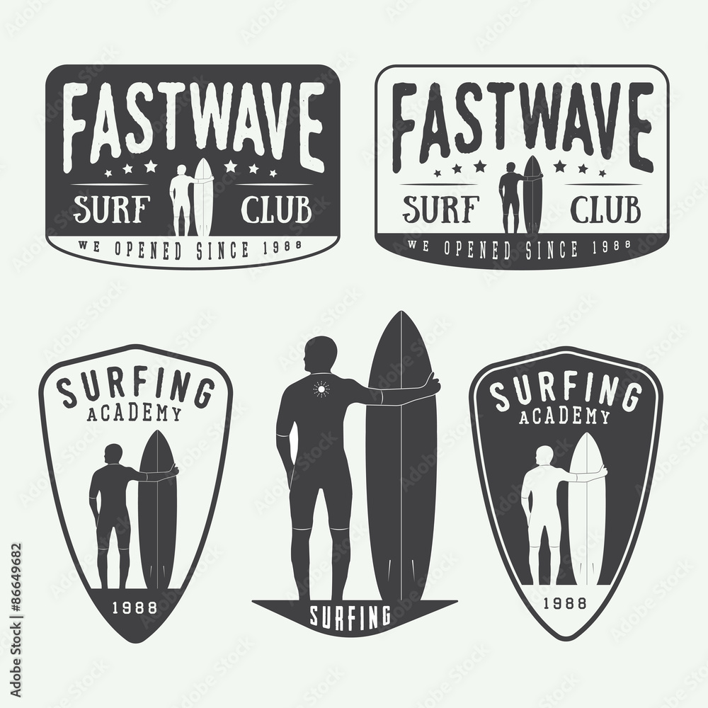 Set of surfing logos, labels, badges and elements in vintage style ...