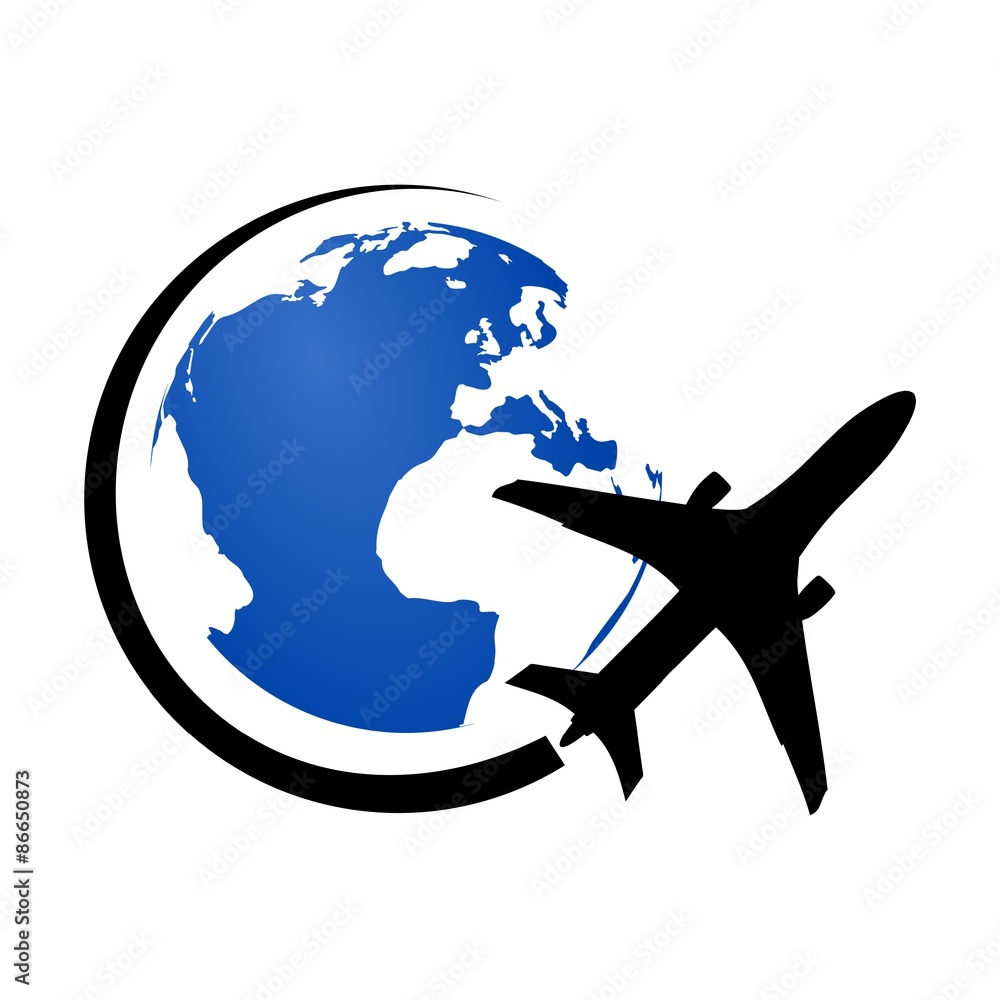 Logo plane flying around planet Earth blue Stock Vector | Adobe Stock