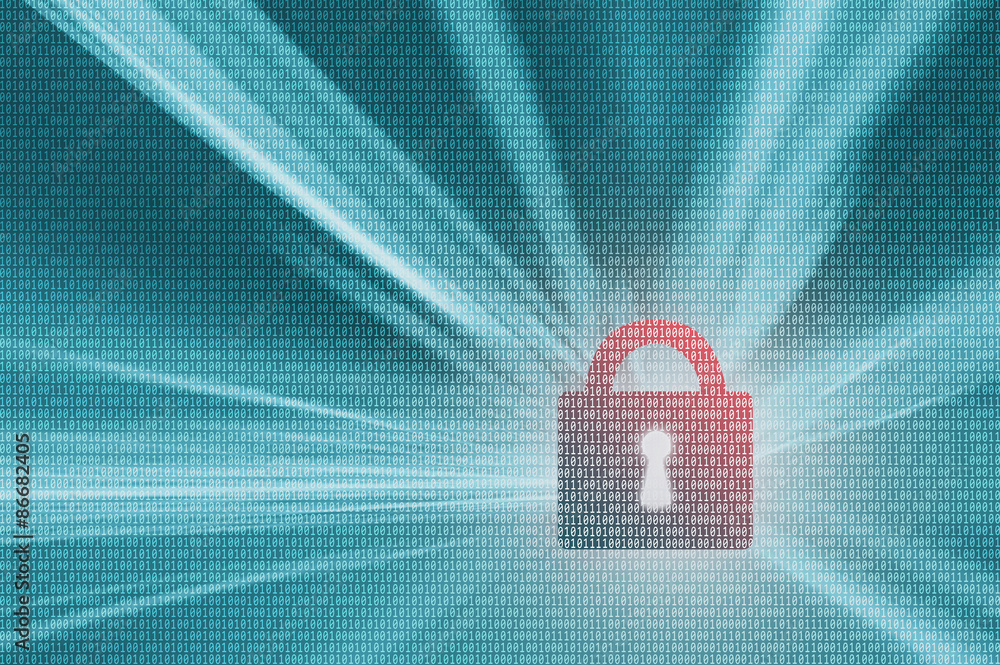 Turquoise and red color closed padlock with turquoise color binary code ...