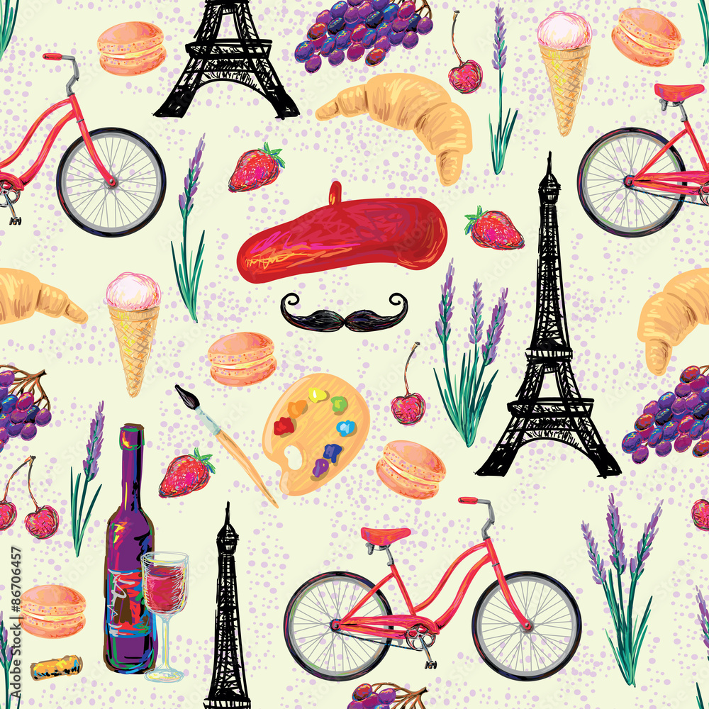 Seamless Paris French food pattern with Eiffel Tower, hat, mustache ...