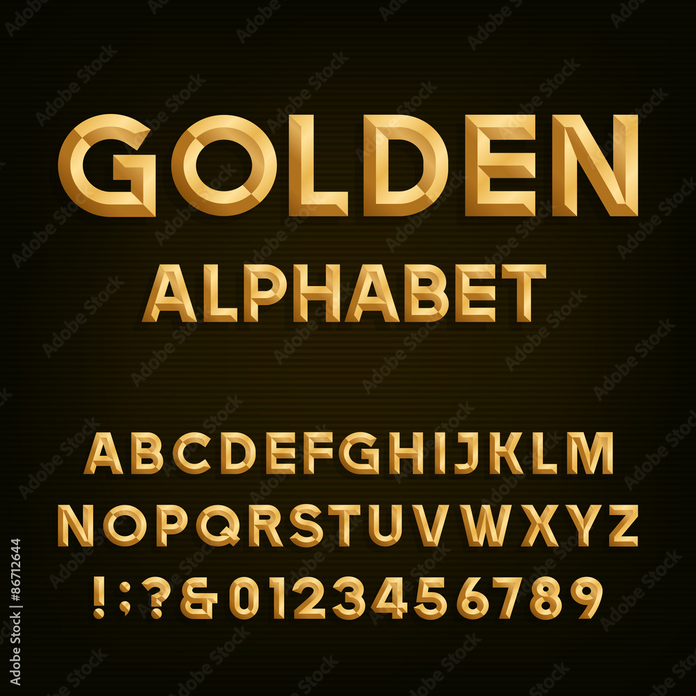 Golden Beveled Font. Vector Alphabet. Gold effect beveled letters ...