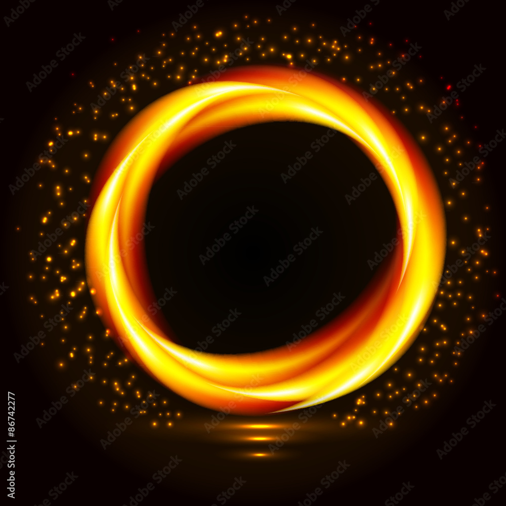 Vector illustration of fire flame in circular frame background. Dark ...