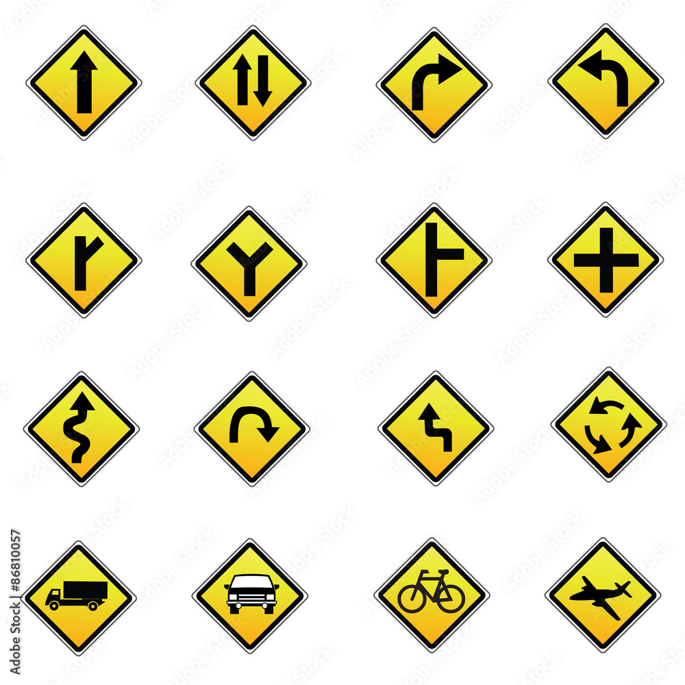 yellow road signs, traffic signs vector set on white background Stock ...