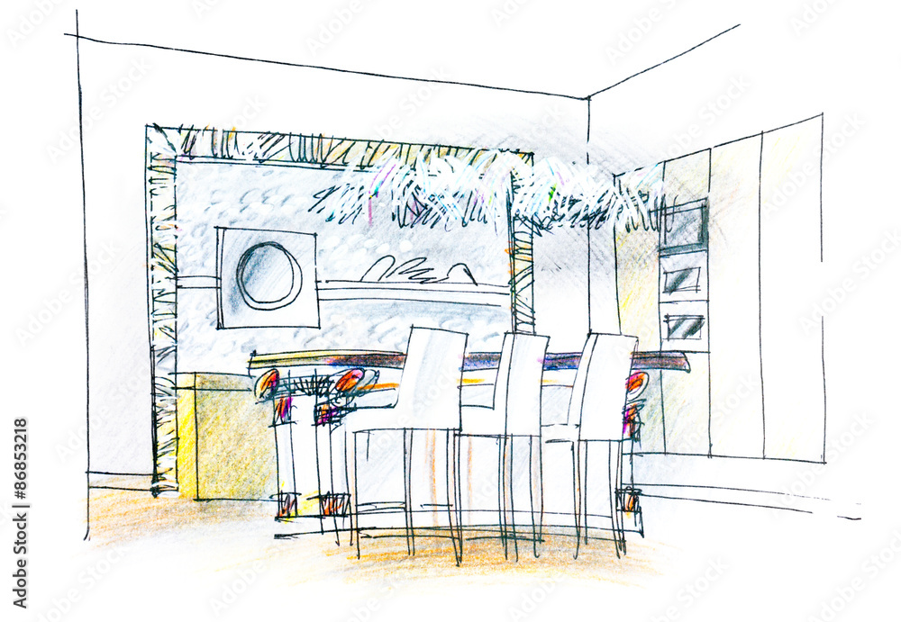 dining table sketch. designer's hand drawing interior of modern living ...