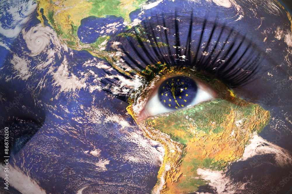 womans face with planet Earth texture and indiana state flag inside the ...