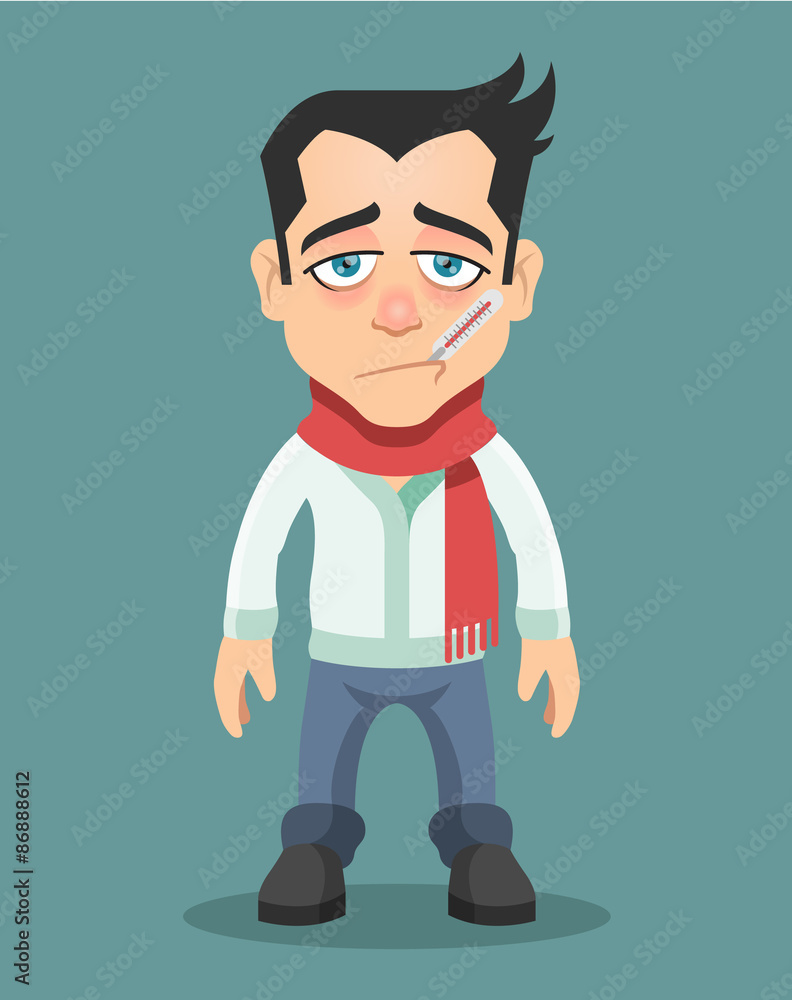 Sick man with thermometer in his mouth. Vector flat illustration Stock ...