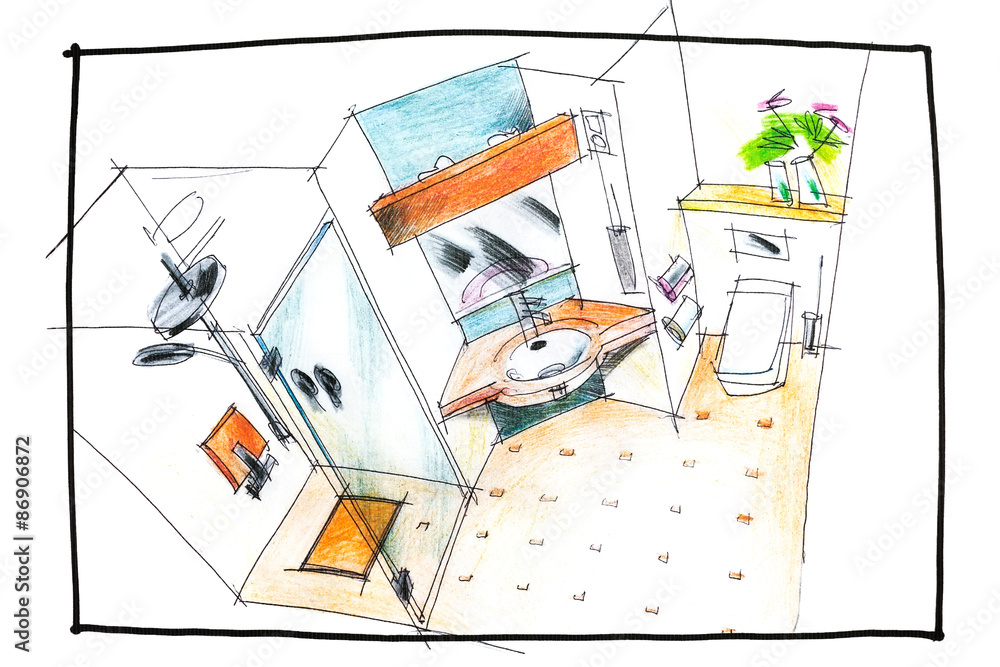 bathroom top view drawing Stock Illustration | Adobe Stock