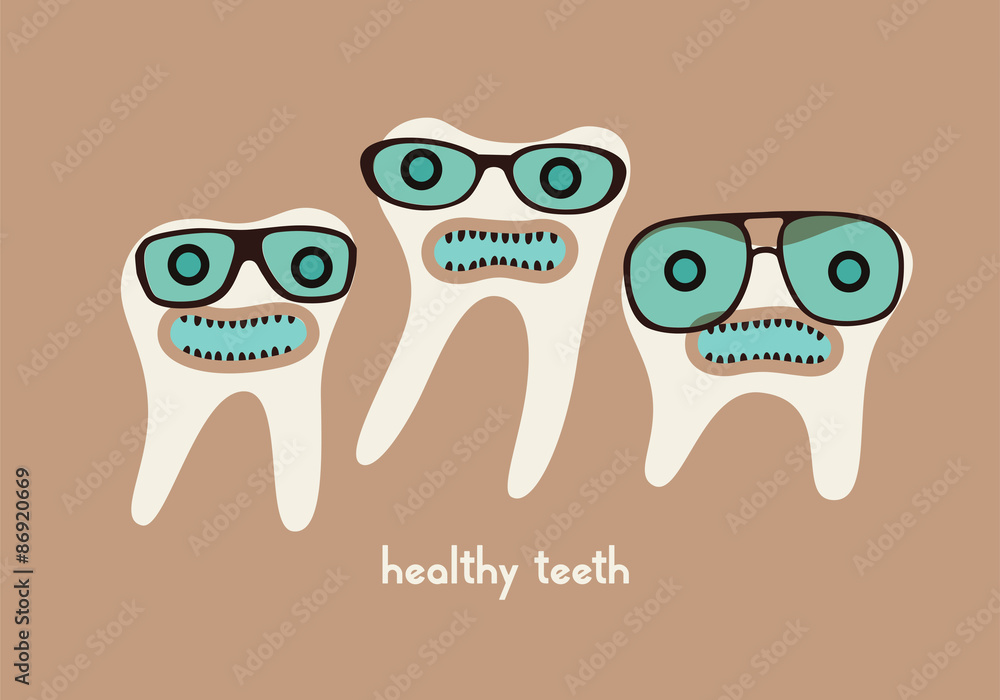 Funny teeth cartoon characters in glasses. Vector illustration. Stock ...