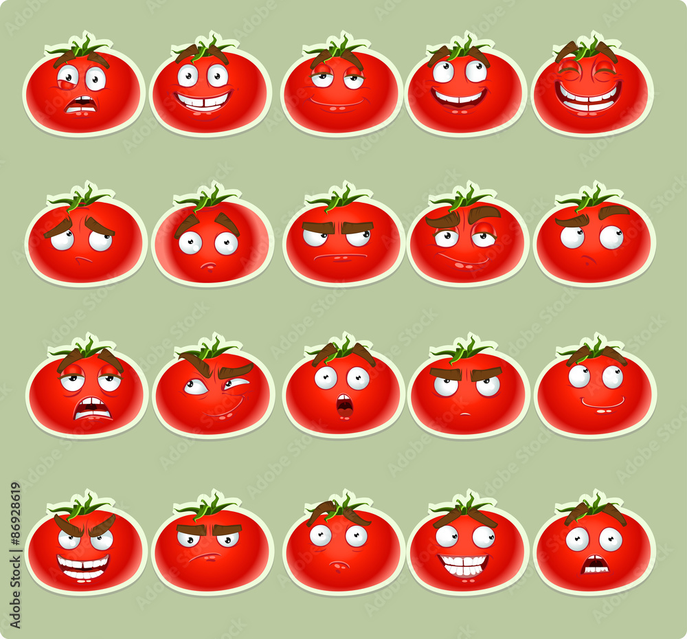Vector cute cartoon tomato smile with many expressions icons Stock ...