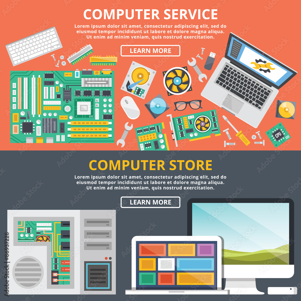 Computer service, computer store flat illustration concepts set vector ...
