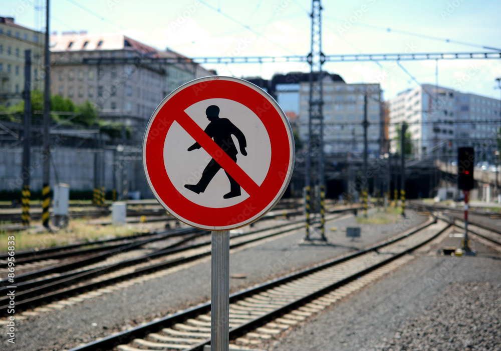 Railroad rails. Railway lines. No entry sign stock photo. Safety and ...