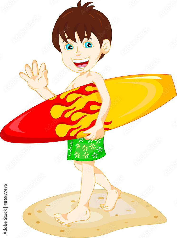 Boy Surfer with Surfboard Stock Vector | Adobe Stock