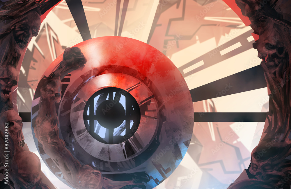 Infernal crimson and blue mist futuristic metal background with horror ...