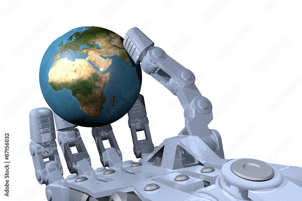 Industrial robot hand holds globe, high-quality 3D image. White ...