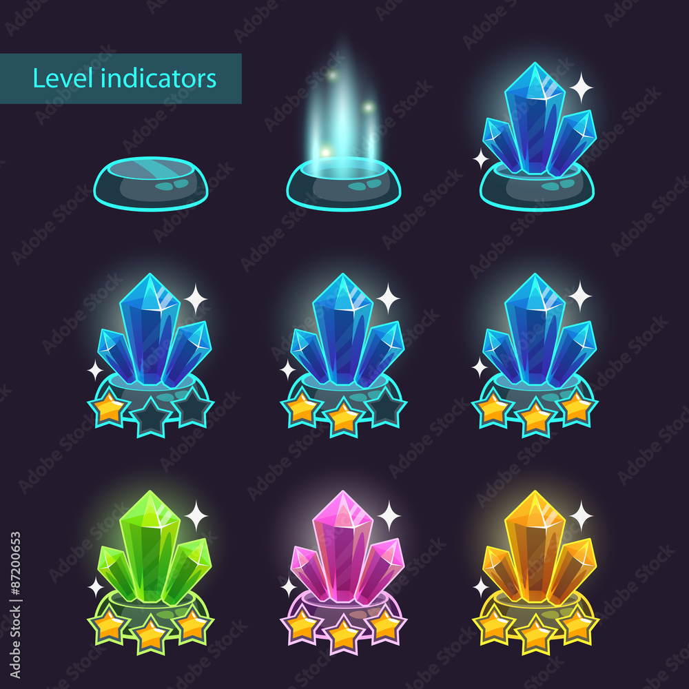 Crystal level pointers, inactive, active, complete level indicators, vector game ui assets Stock ...