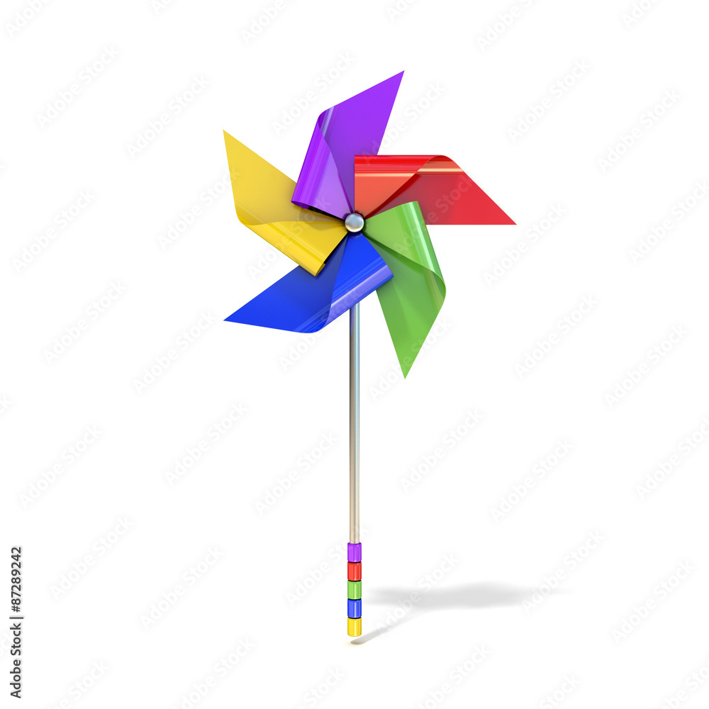 Pinwheel toy, five sided, differently colored vanes. 3D render ...