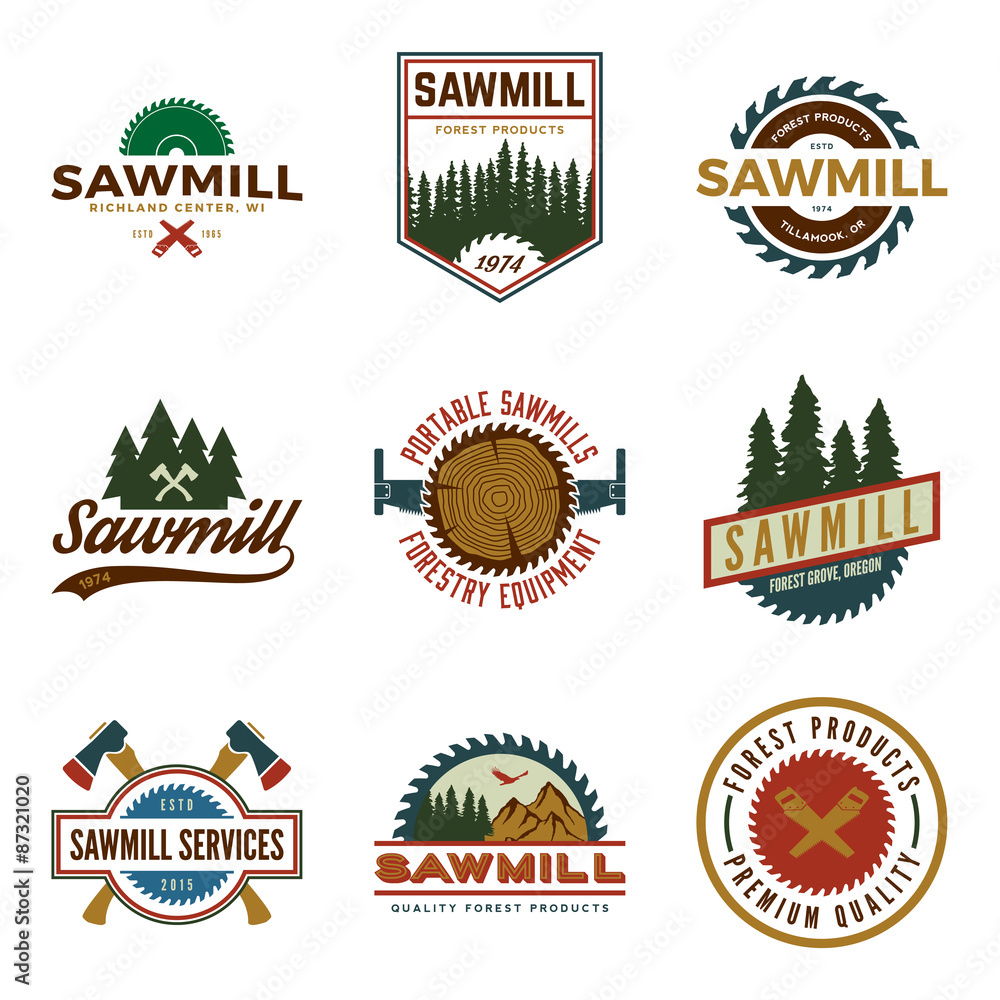 vector set of sawmill labels, badges and design elements Stock Vector ...