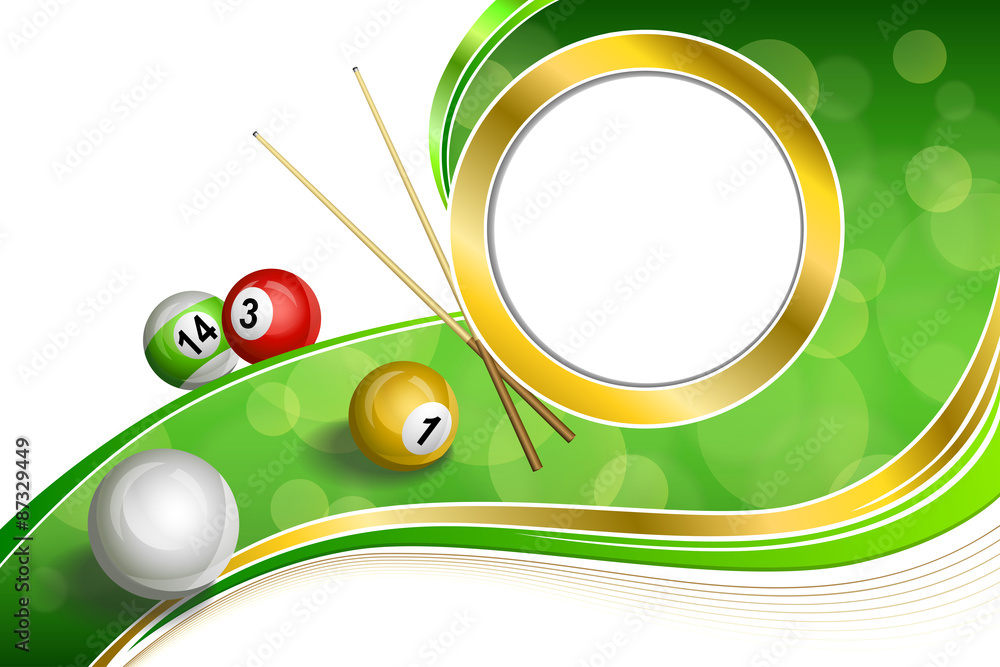 Background abstract green billiards pool cue red white yellow ball gold ...