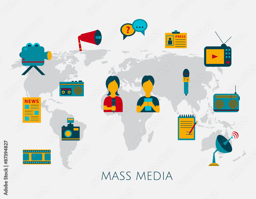 Mass media journalism news concept flat business icons of newspaper ...