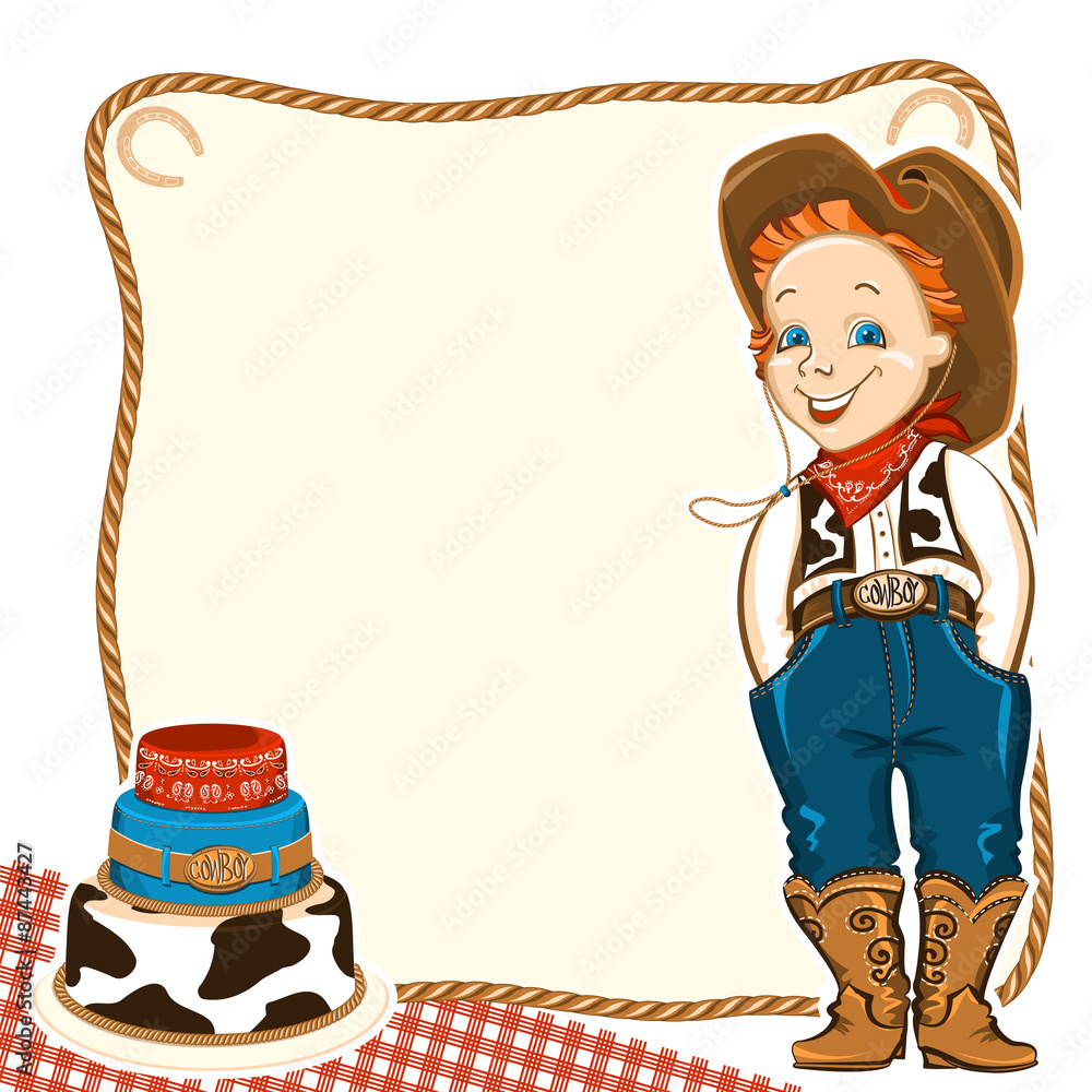 Cowboy child birthday background with cake Stock Vector | Adobe Stock