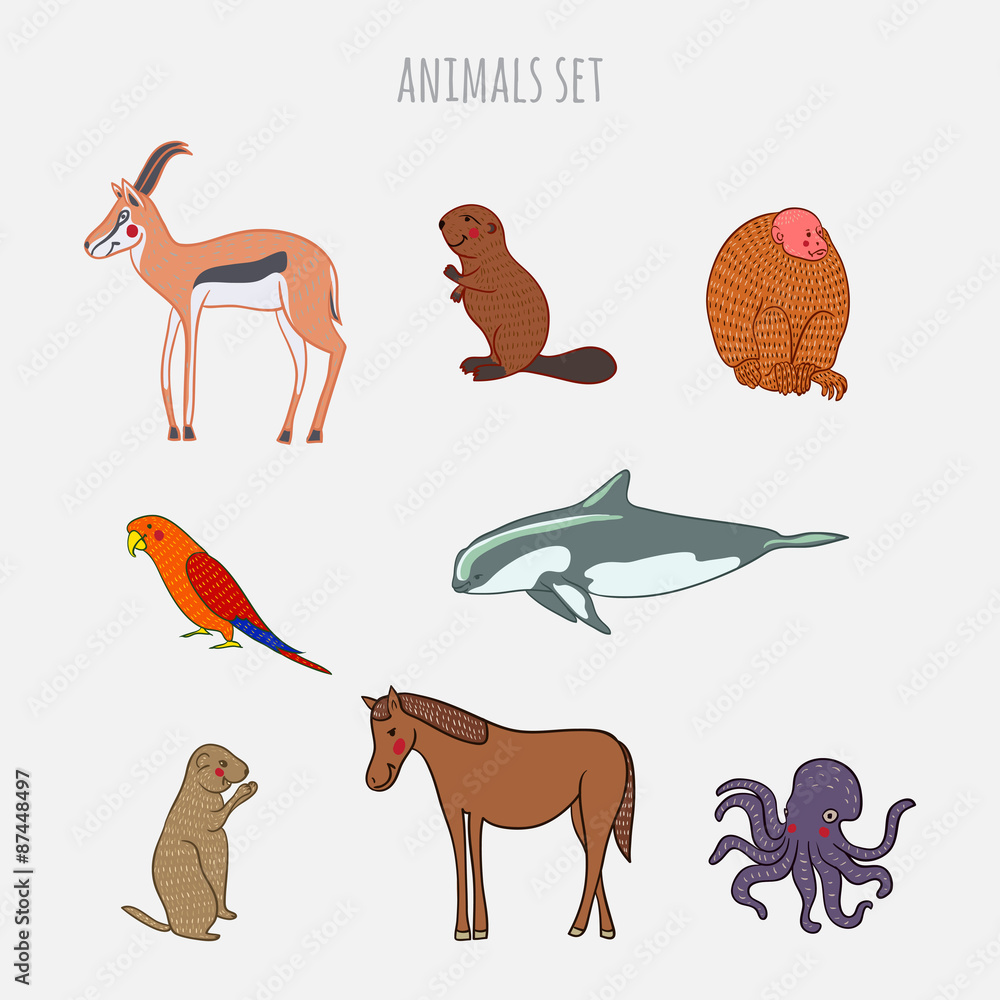 Cartoon cute Animals vector set. Hand-drawn style. Stickers, posters ...