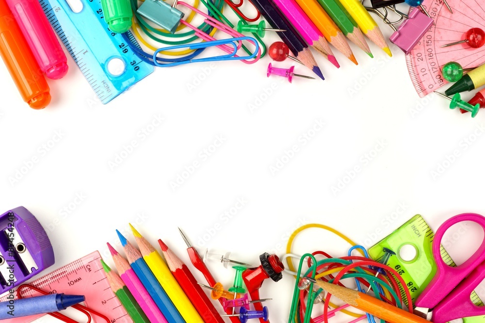 Double border of school supplies on a white background Stock Photo ...