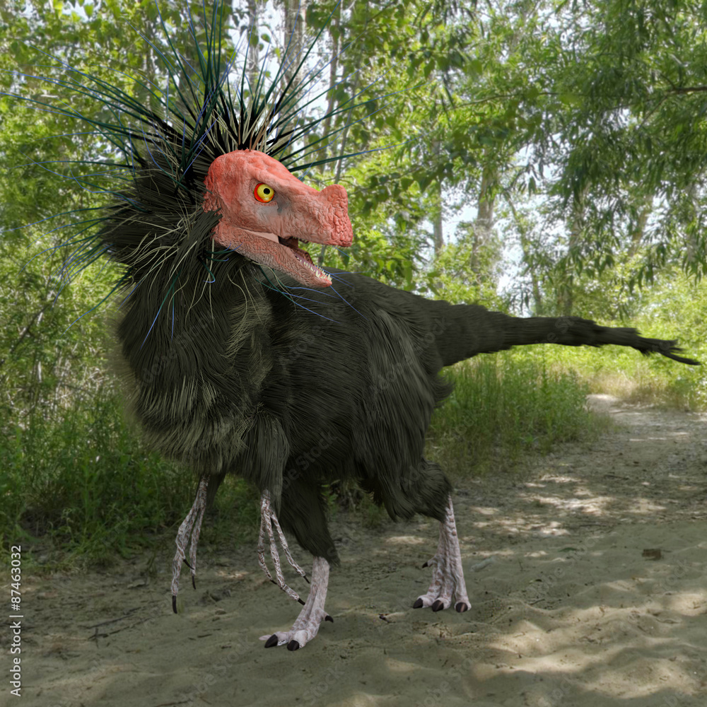 Dinosaur Ornitholestes Running Through Forest. An illustration ...