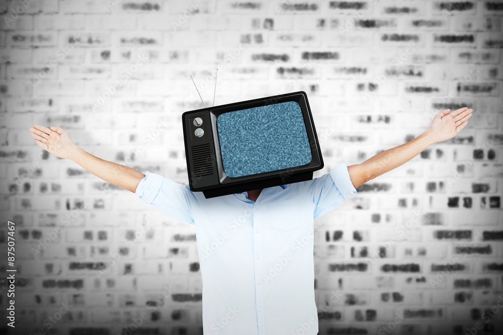 Composite image of handsome man raising hands Stock Photo | Adobe Stock