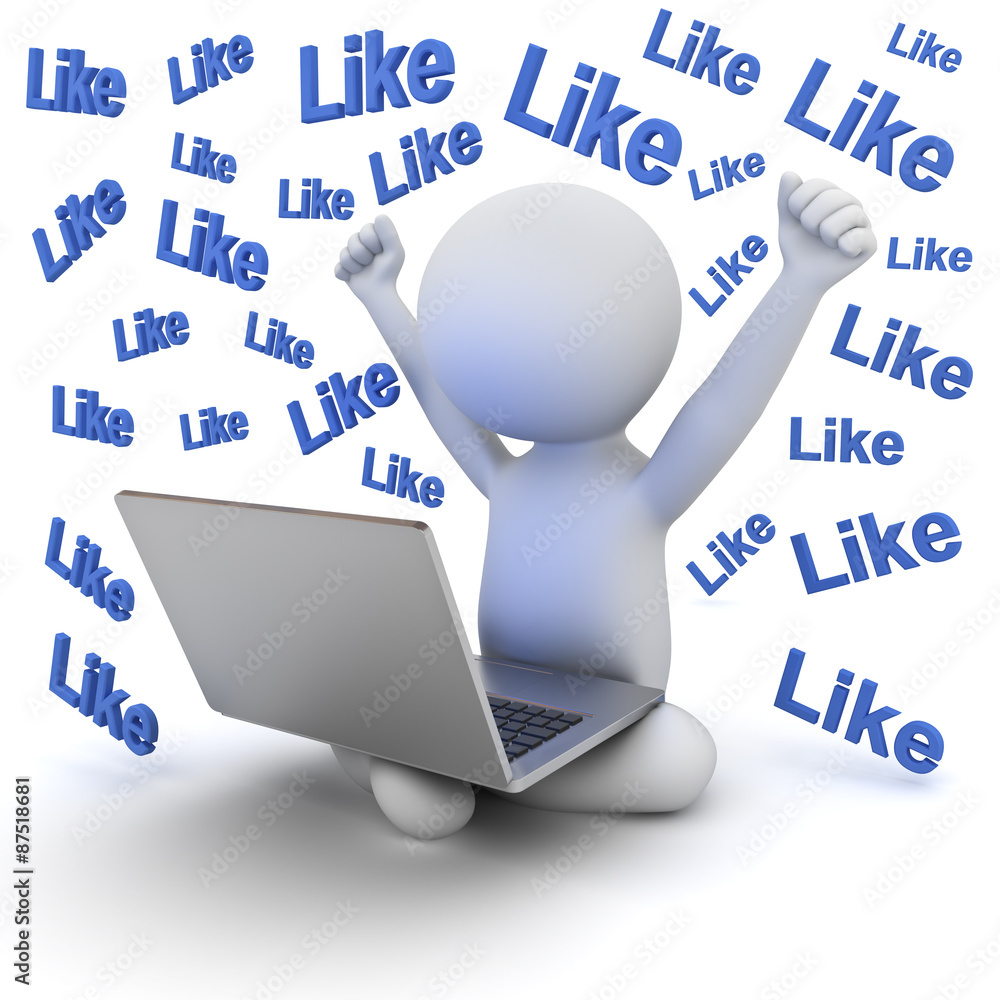 Very happy 3d man sitting on white ground and laptop computer on his ...