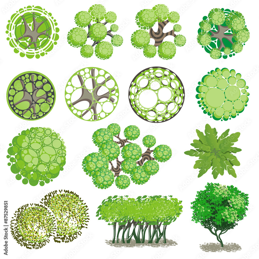 Trees and bush item top view for landscape design, vector icon. Stock ...