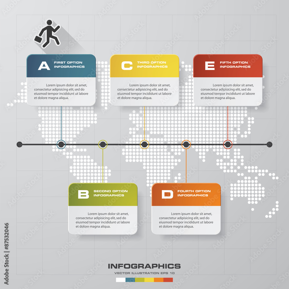 time line description. 5 steps timeline infographic with global map ...