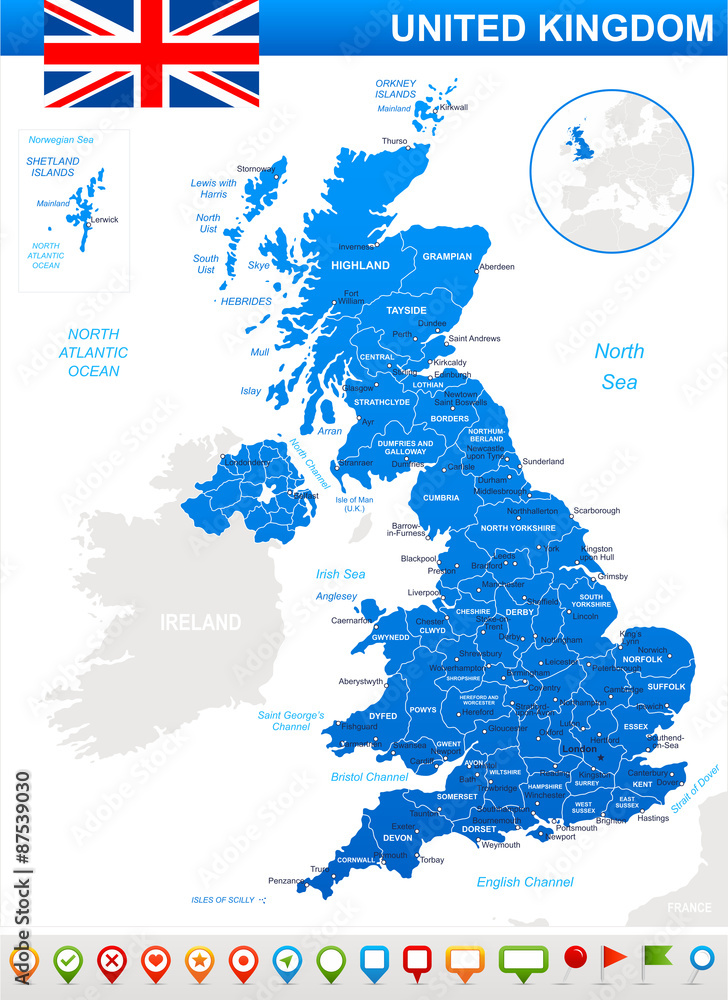 United Kingdom map, flag and navigation icons - highly detailed vector ...
