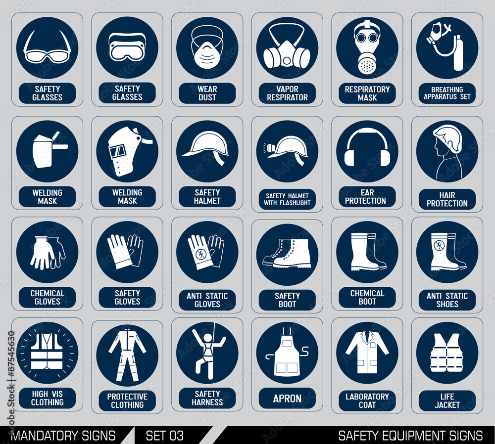 Set of safety equipment signs. Mandatory construction and industry ...