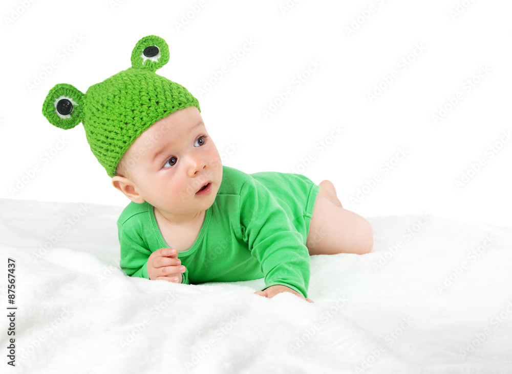Baby in frog hat Stock Photo | Adobe Stock