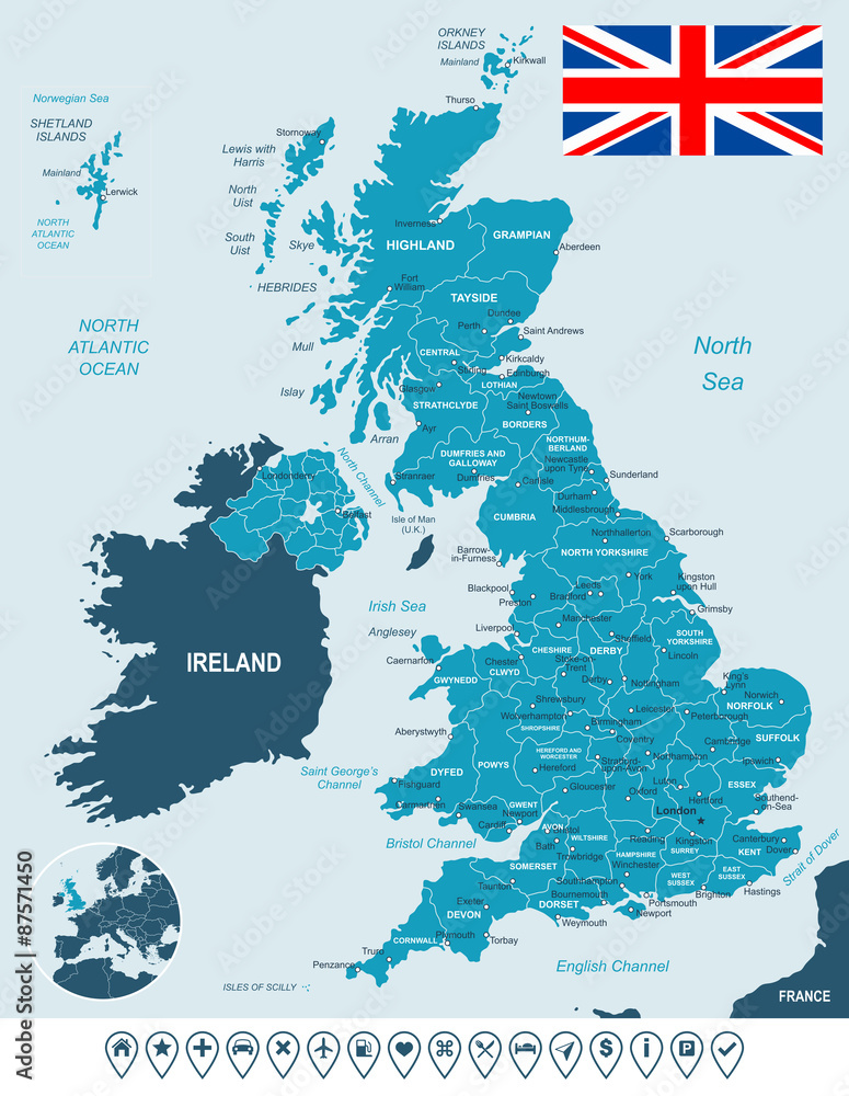 United Kingdom map, flag and navigation labels - highly detailed vector ...
