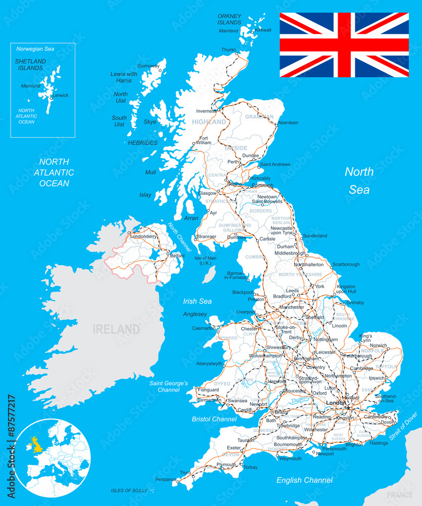 United Kingdom map, flag, roads - - highly detailed vector illustration ...