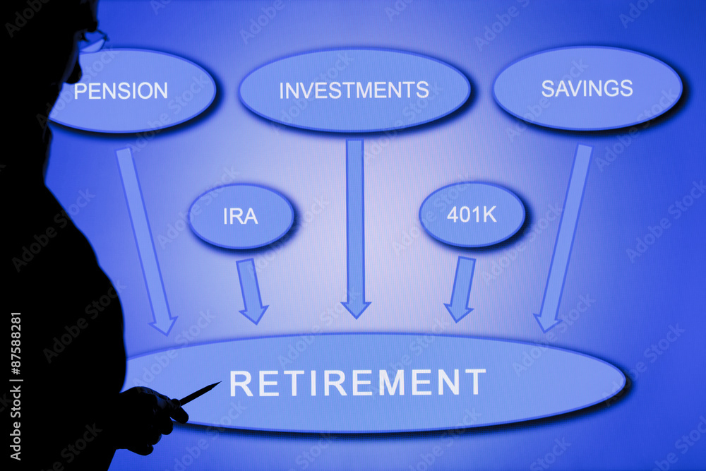 Silhouetted man presenting a retirement planning chart on an LCD screen ...