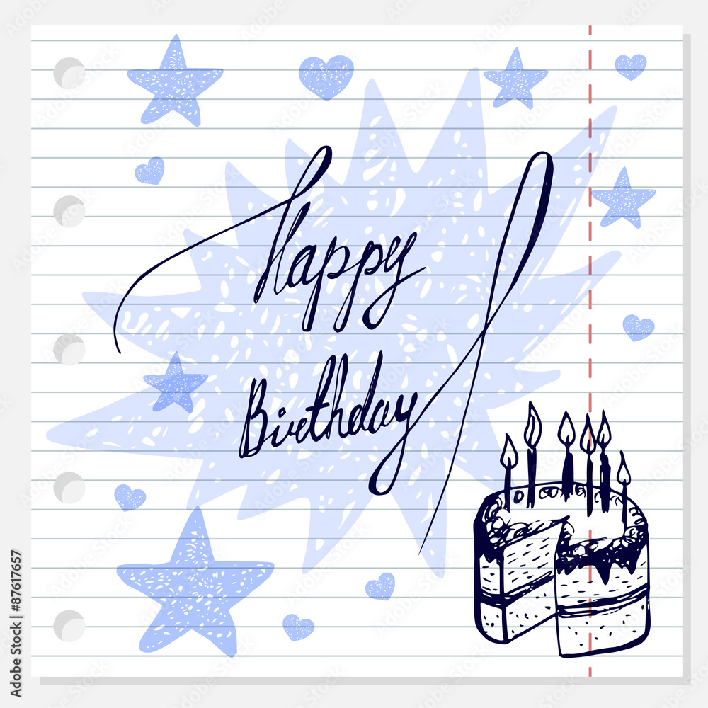 birthday doodle set. greeting card on lined paper. Stock Vector | Adobe ...