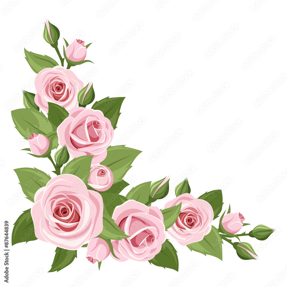 Vector corner background with pink roses and green leaves. Stock Vector ...