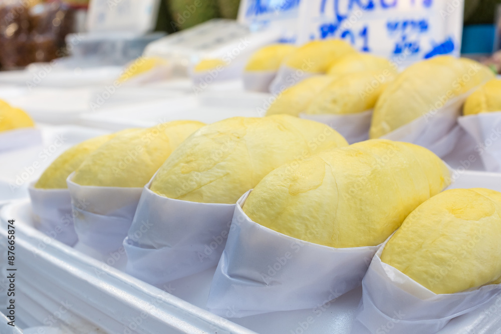 Thailand street food fresh durian in package for ready to eat. Stock ...