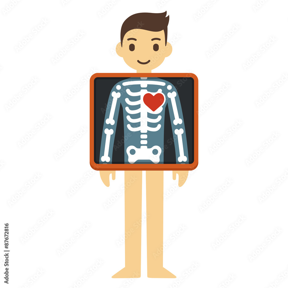 Cute cartoon adult man with x-ray screen showing his skeleton and ...