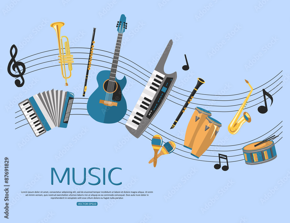 Music background with music instruments. Flat style design. Stock ...